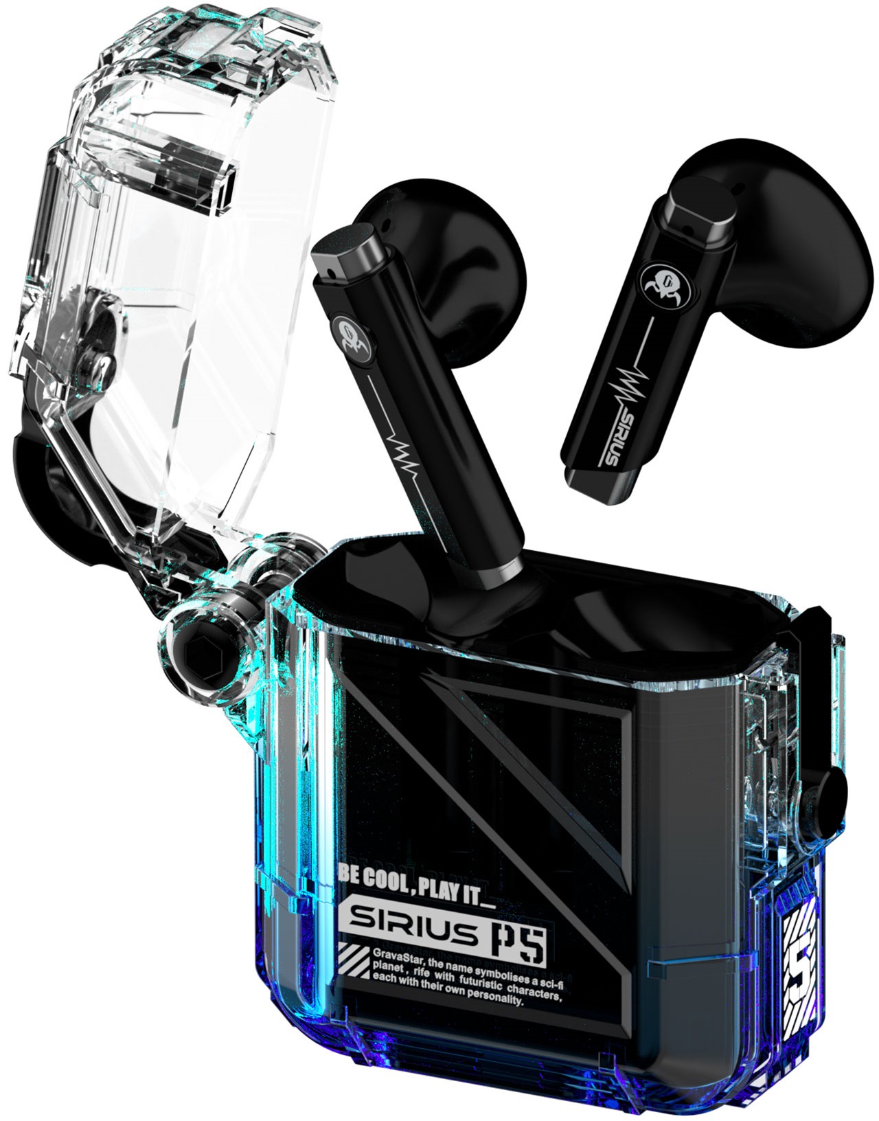 GravaStar Наушники TWS Sirius P5, BT 5.2, IPX4, Transparent Blue 171089 ...