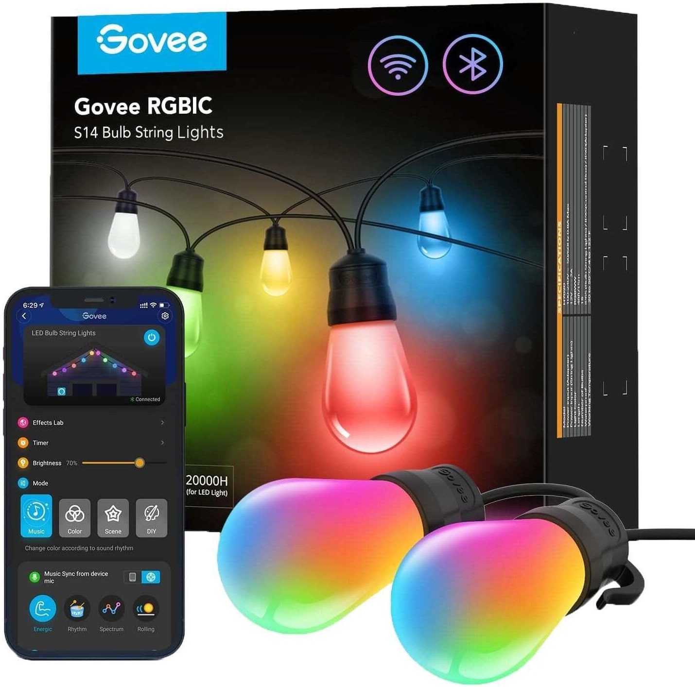 Govee Набор светодиодных ламп H7020 LEB Bulb String Lights, 15м, RGBIC ...