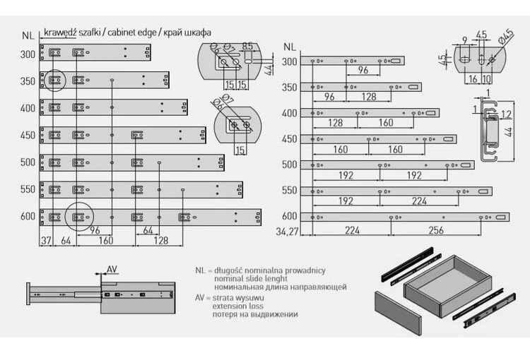 Напрямна кулькова gtv versalite light 500 мм, повне висунення, з ...